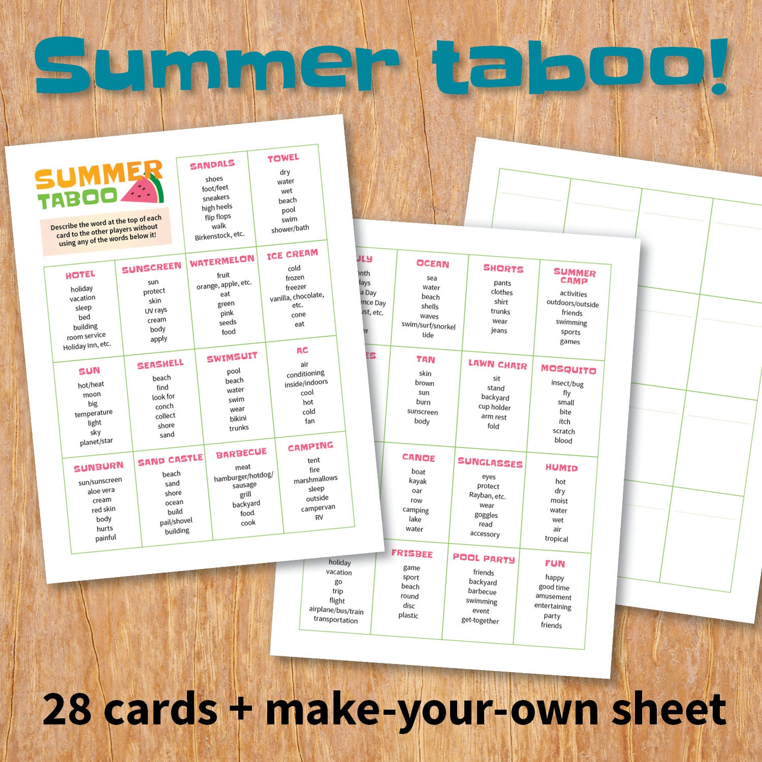 Summer Taboo, Printable Card Game - Etsy