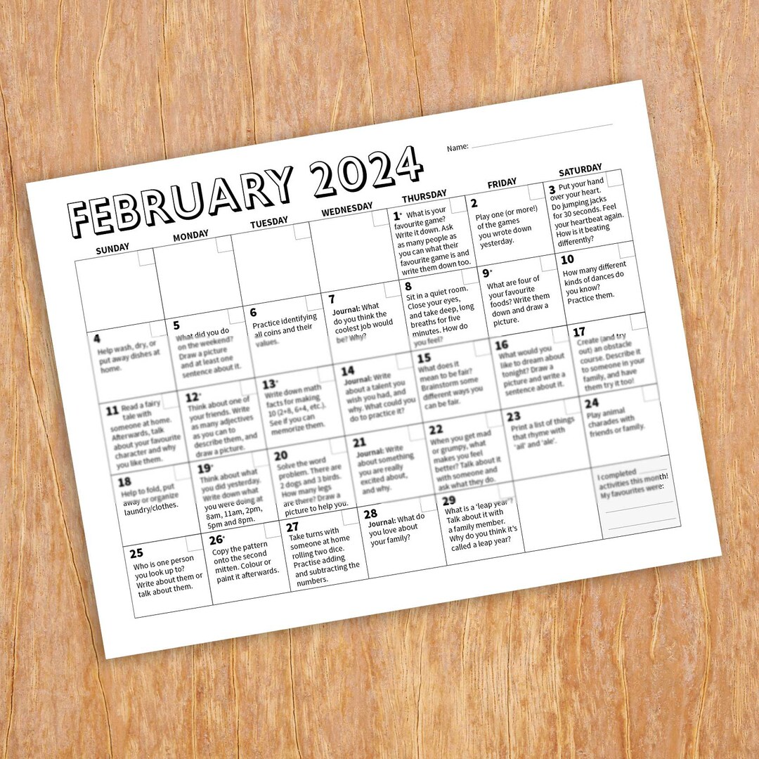 February 2024 Activity Calendar for Kids 5-8, Fun Daily Tasks - Etsy Canada