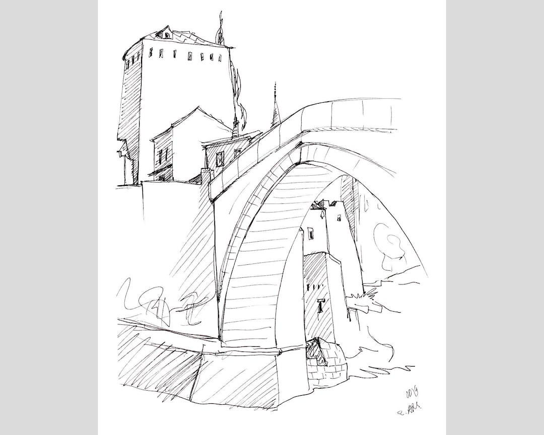 Old Bridge Mostar Poster of Original Drawing, Bosnian Wall Art, Pen and ...