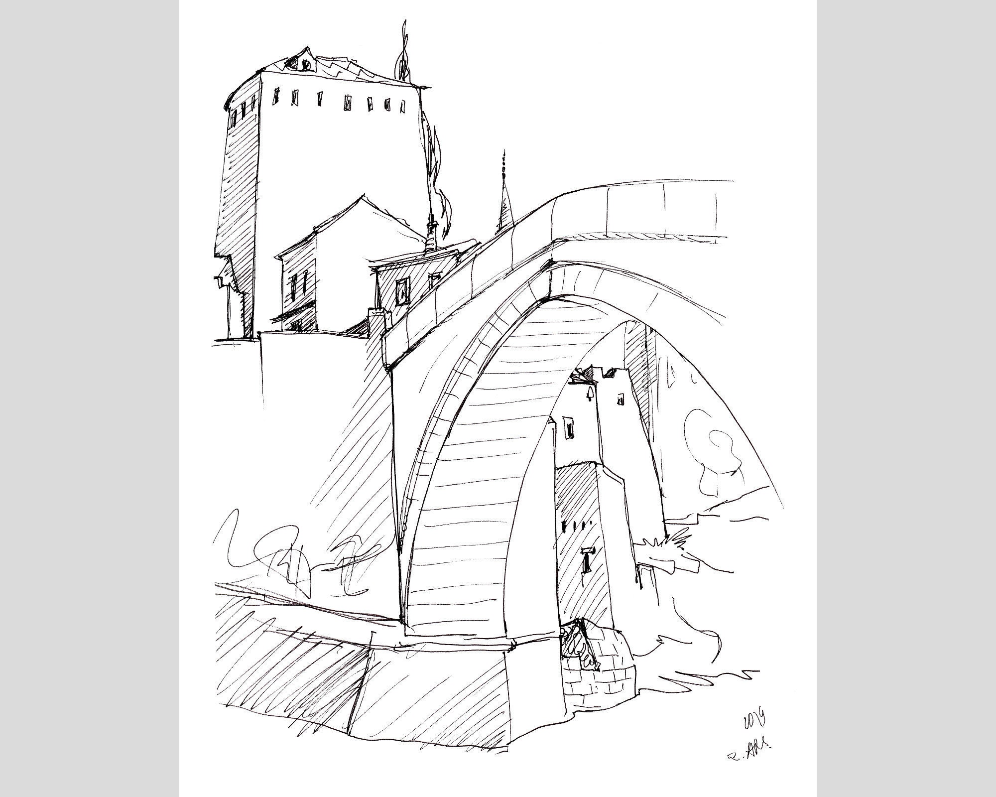 Old Bridge Mostar Poster of Original Drawing, Bosnian Wall Art, Pen and ...