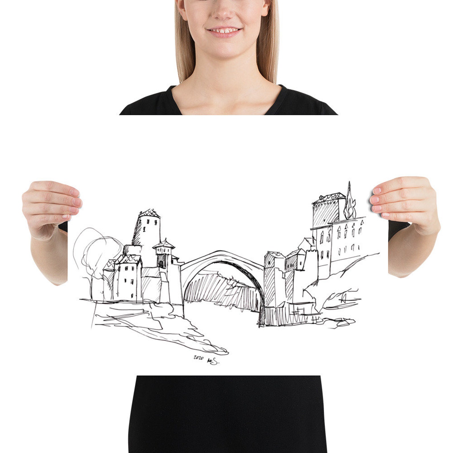 Bosnia Wall Art Mostar Poster of Hand Drawn Sketch Old - Etsy