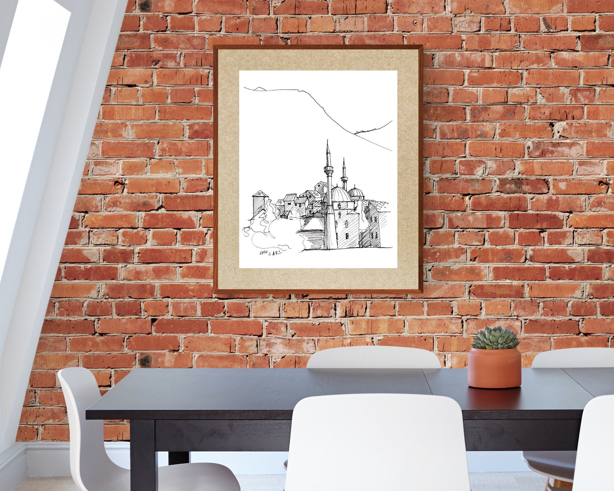 Mosque Landscape Islamic Poster of Hand Drawn Sketch, Bosnia Mostar ...