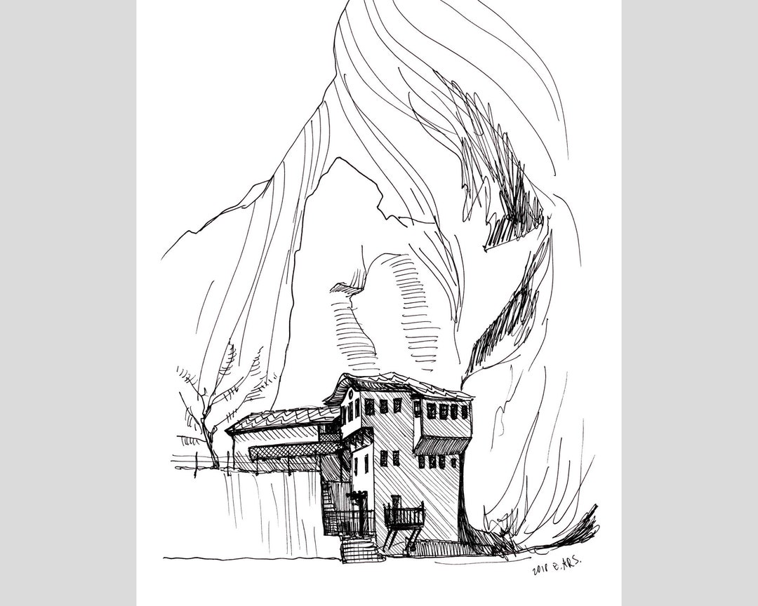 Bosnia Art Print of Hand Drawn Sketch, Sufi Wall Art, House Under Cliff ...