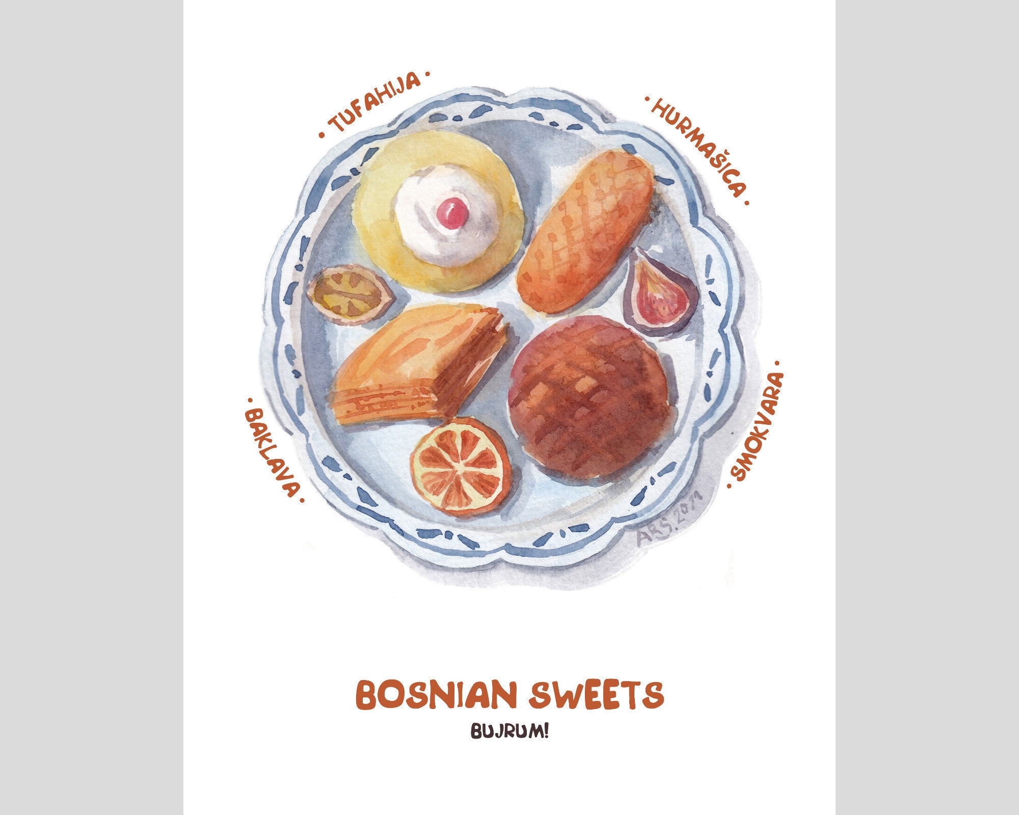 Balkan Desserts Kitchen Poster of Original Painting, Bosnian Sweets ...