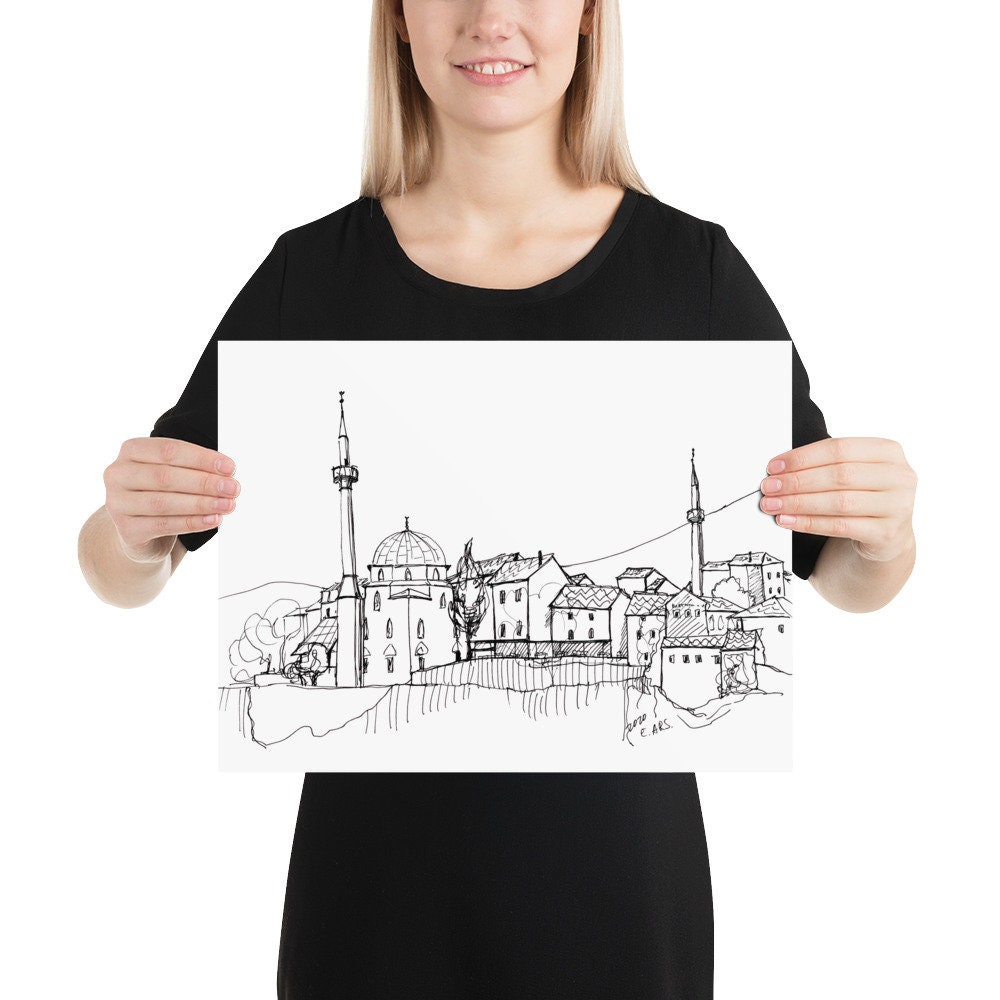 Islamic Wall Art, Mosque Art Print of Hand Drawn Sketch, Bosnia Poster ...