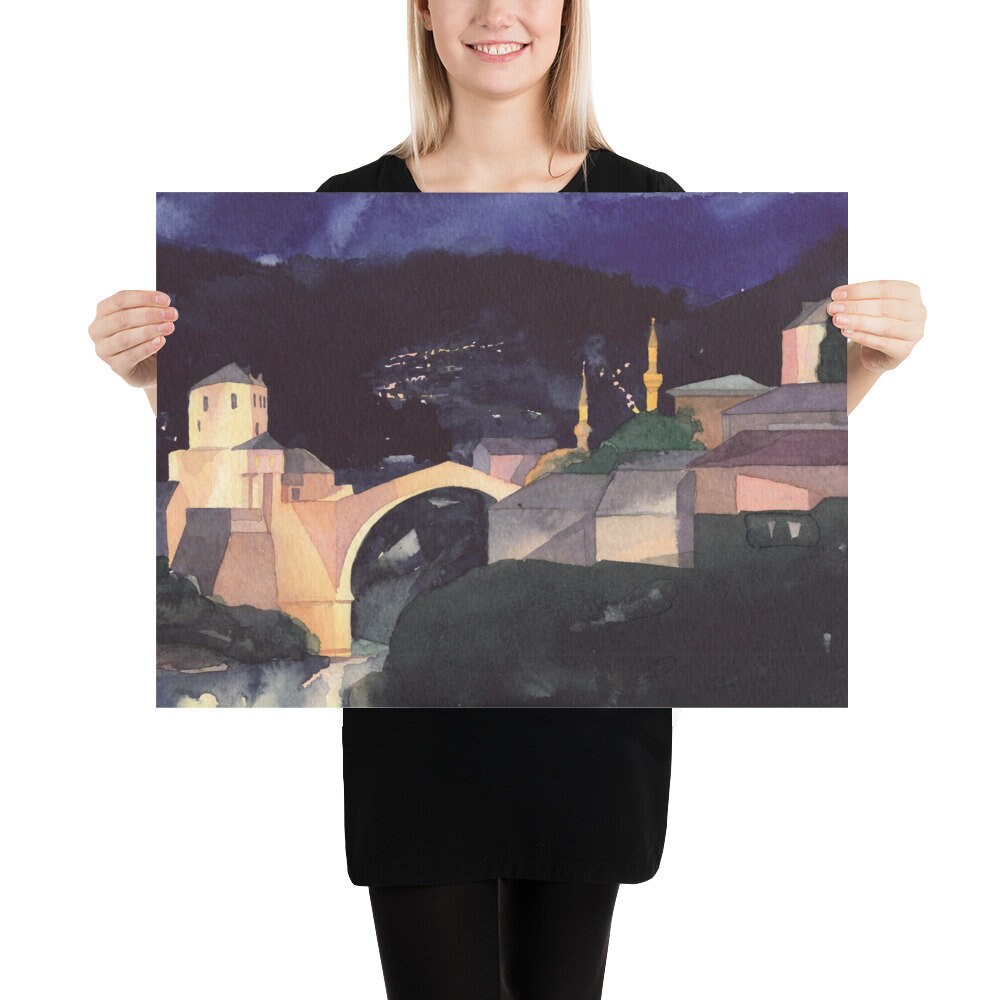 Bosnia Print, Mostar Wall Art, Old Bridge Painting, Night Landscape ...