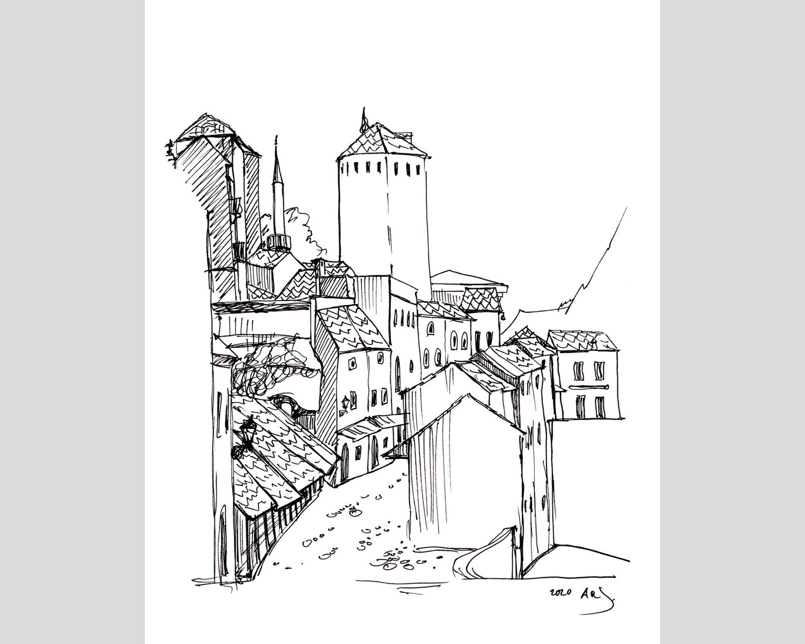 Bosnia Wall Art, Mostar Print of Original Drawing, Street Sketch, Old ...