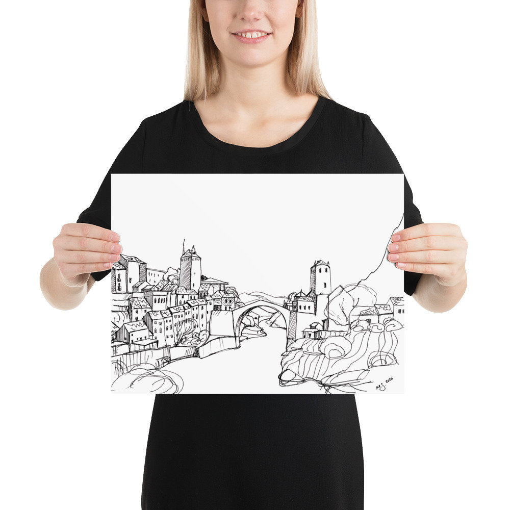 Mostar Old Bridge Print of Original Drawing, Bosnia Wall Art, Balkan ...