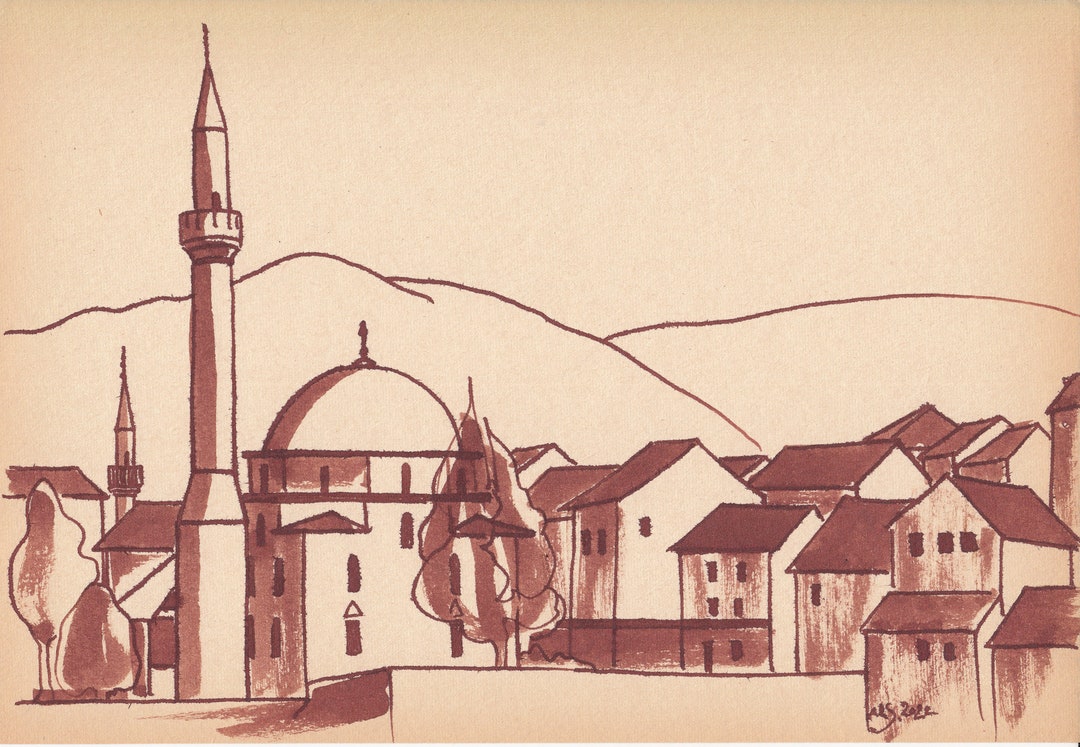 Mostar Mosque Landscape Bosnian Original Picture Bosnia Art - Etsy