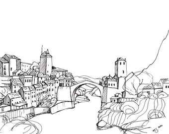 Mostar Wall Art, Bosnia Poster of Original Drawing, Pen and Ink Sketch ...