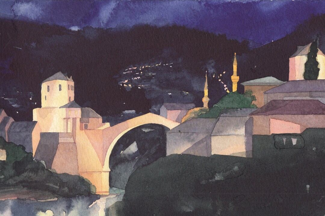 Bosnia Print, Mostar Wall Art, Old Bridge Painting, Night Landscape ...