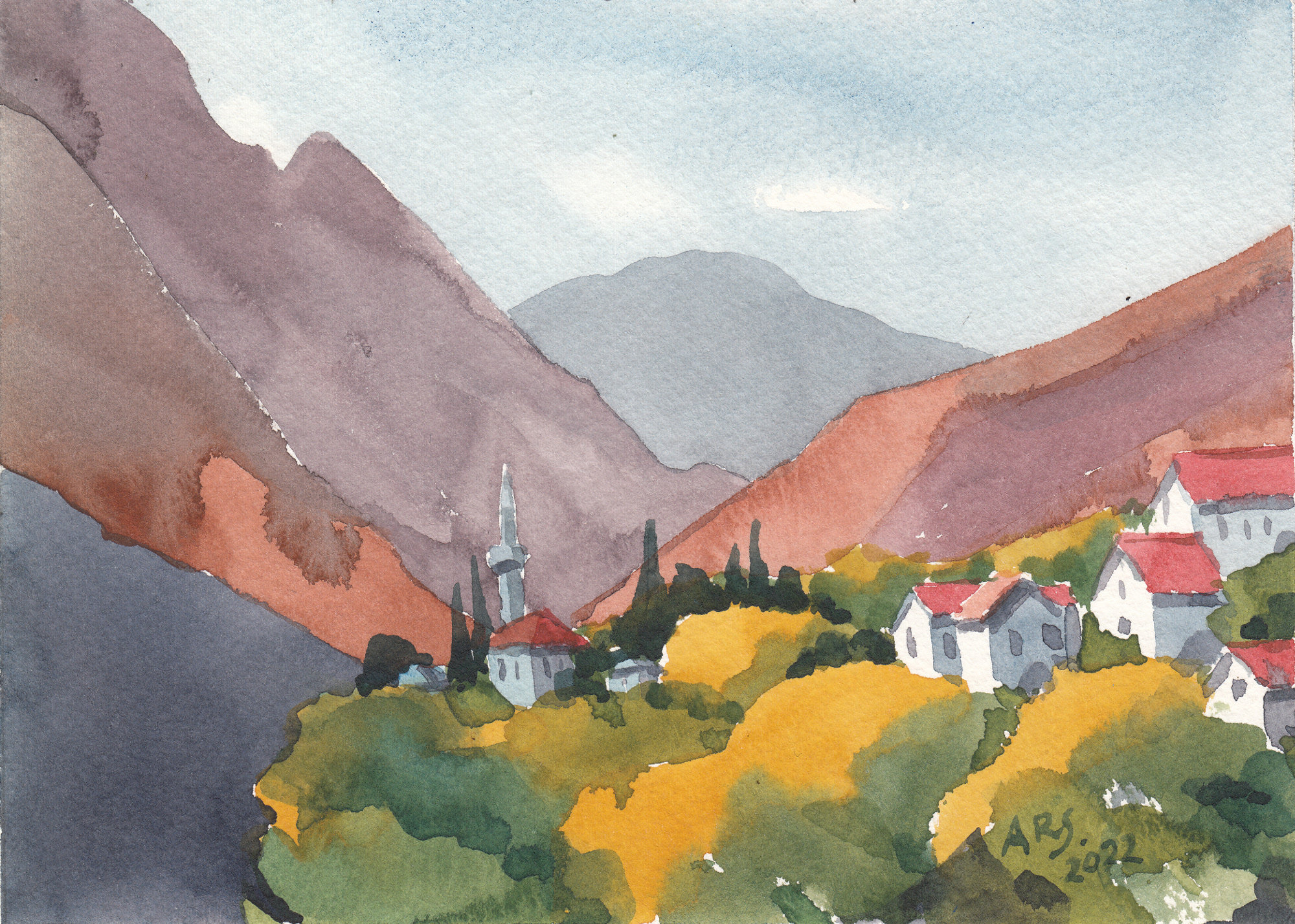 Bosnia Poster by Original Watercolor Painting, Bosnian Village Drežnica ...