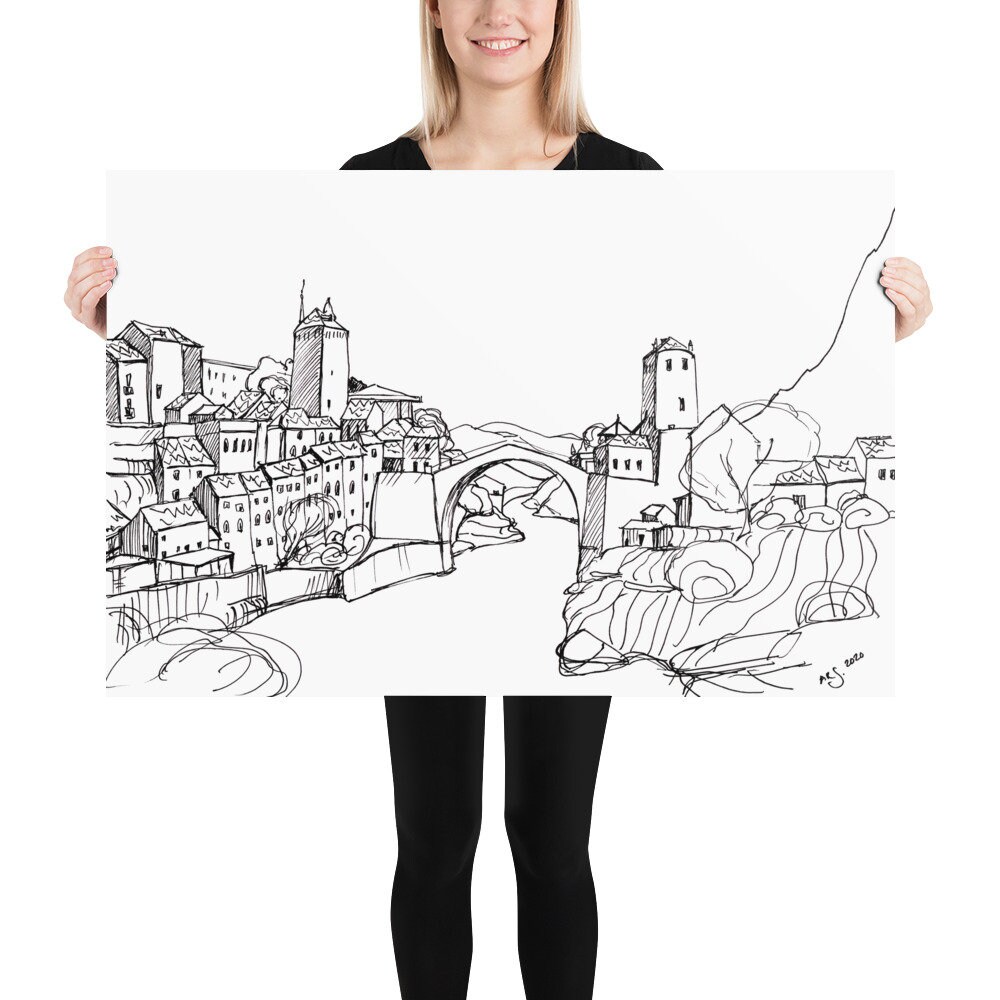 Mostar Old Bridge Print of Original Drawing Bosnia Wall Art - Etsy