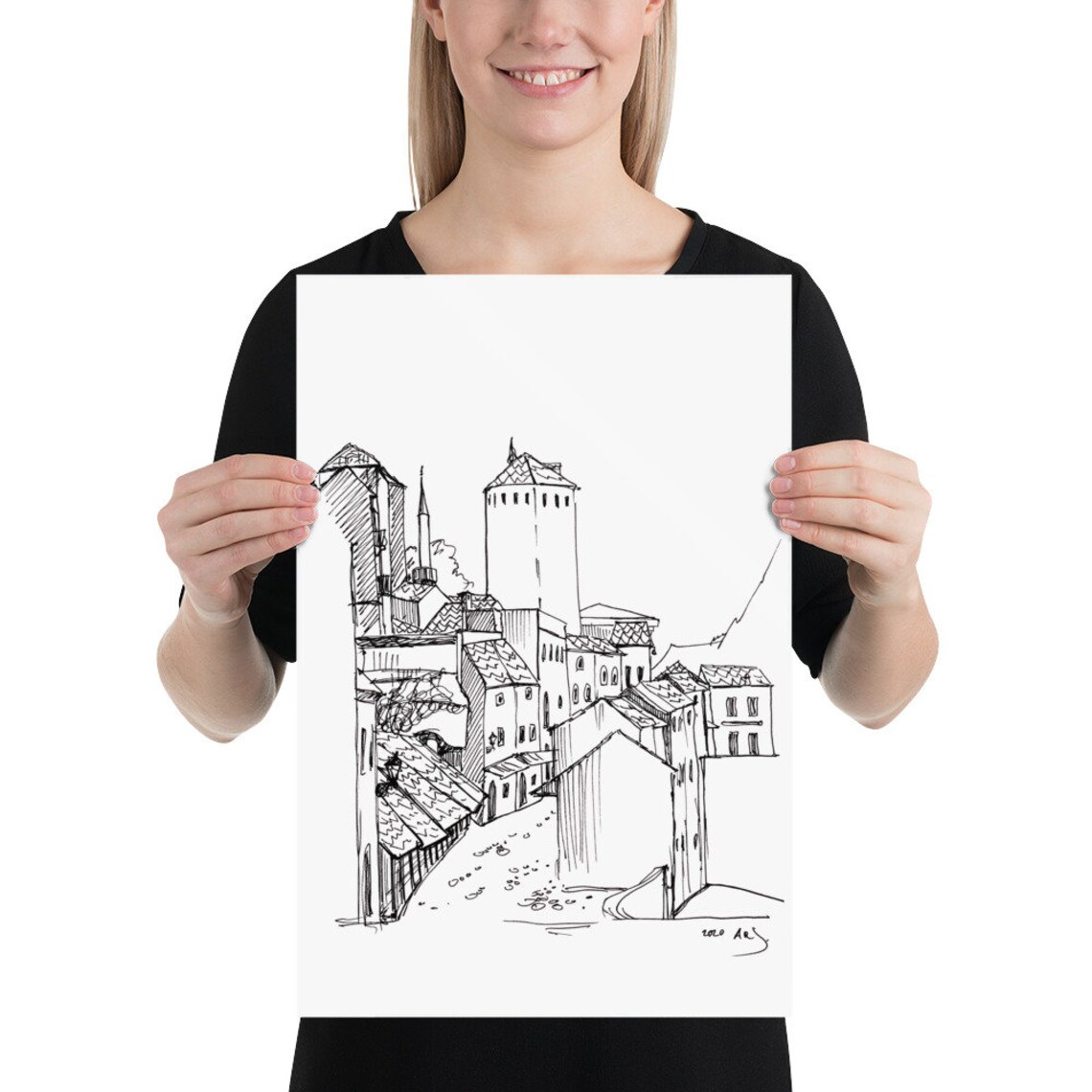 Bosnia Wall Art, Mostar Print of Original Drawing, Street Sketch, Old ...