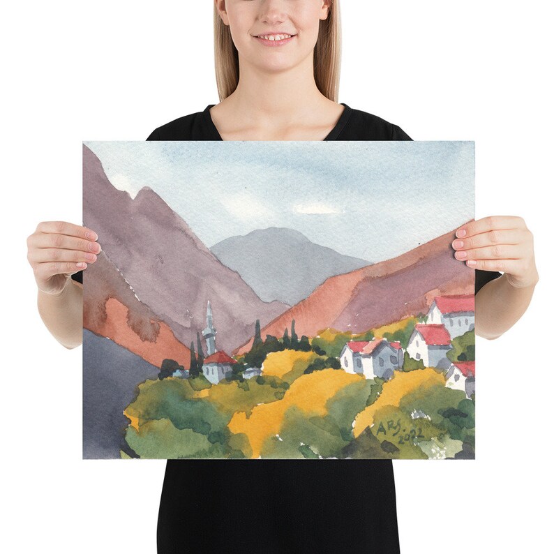 Bosnia Poster by Original Watercolor Painting, Bosnian Village Drežnica ...