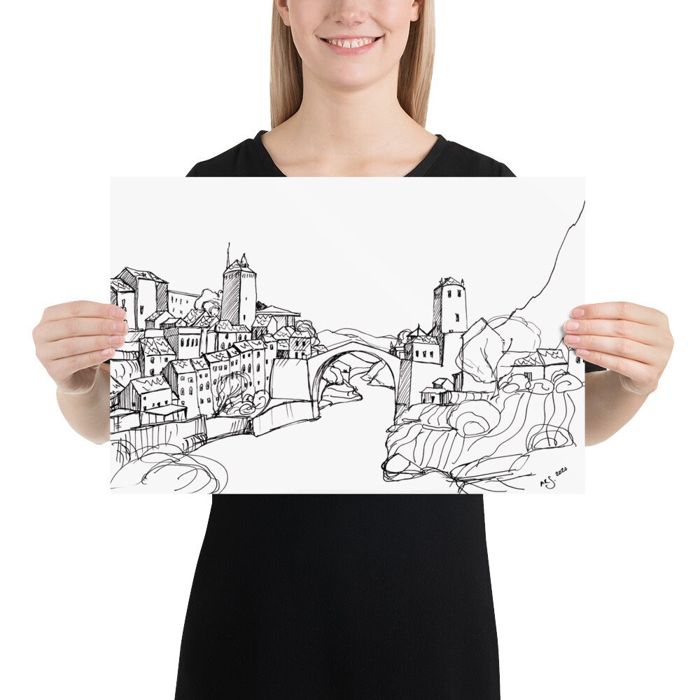 Mostar Old Bridge Print of Original Drawing, Bosnia Wall Art, Balkan ...