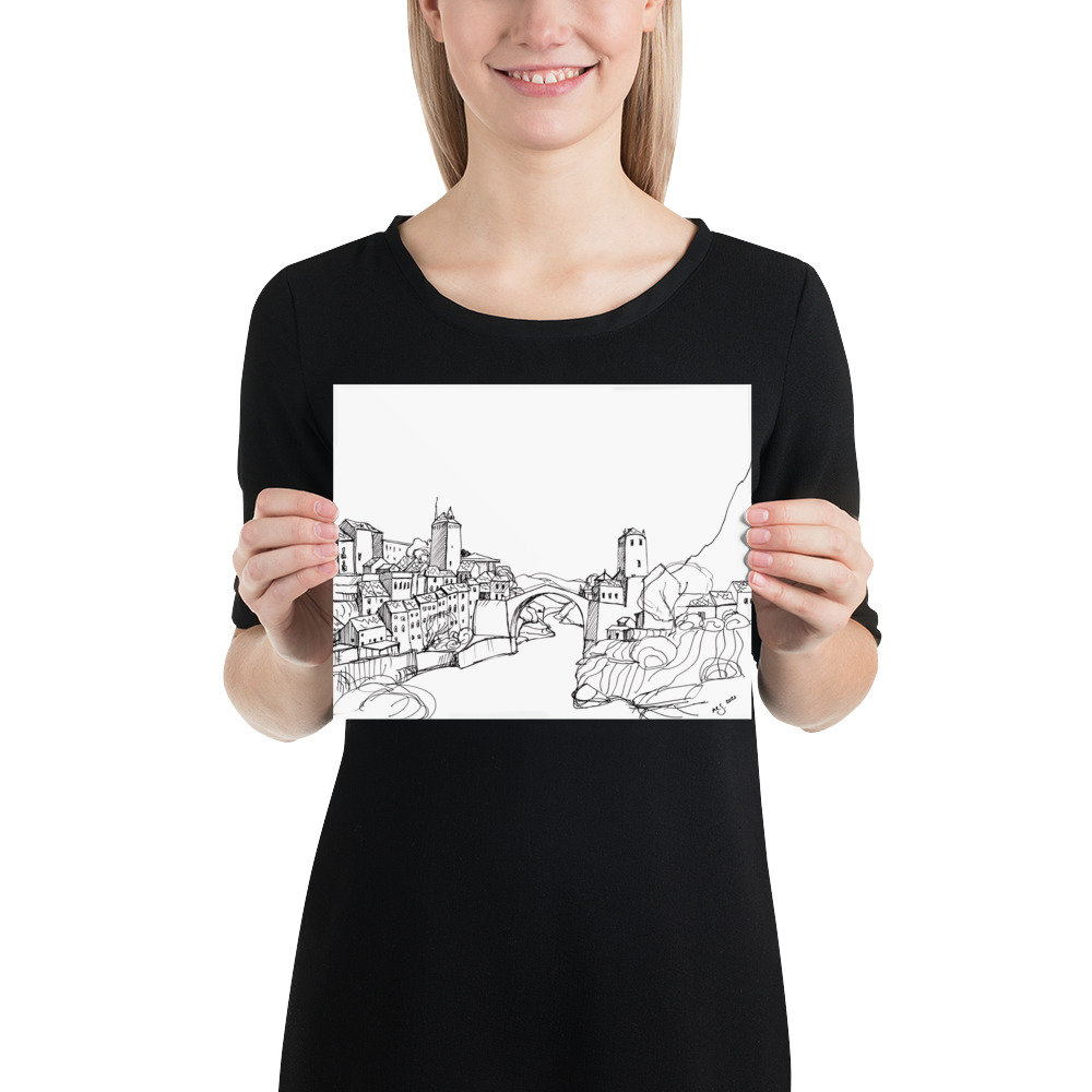 Mostar Old Bridge Print of Original Drawing, Bosnia Wall Art, Balkan ...