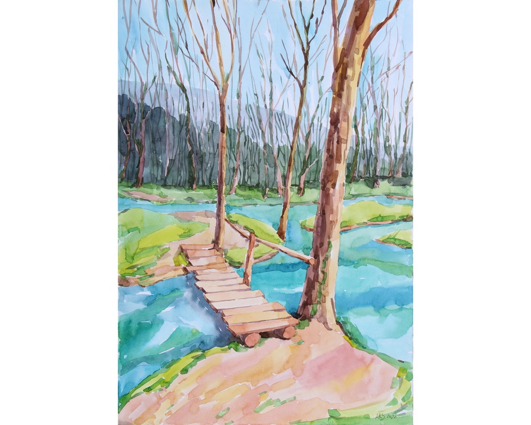 Spring Landscape, River and Wooden Bridge, Light Watercolour, Turquoise ...