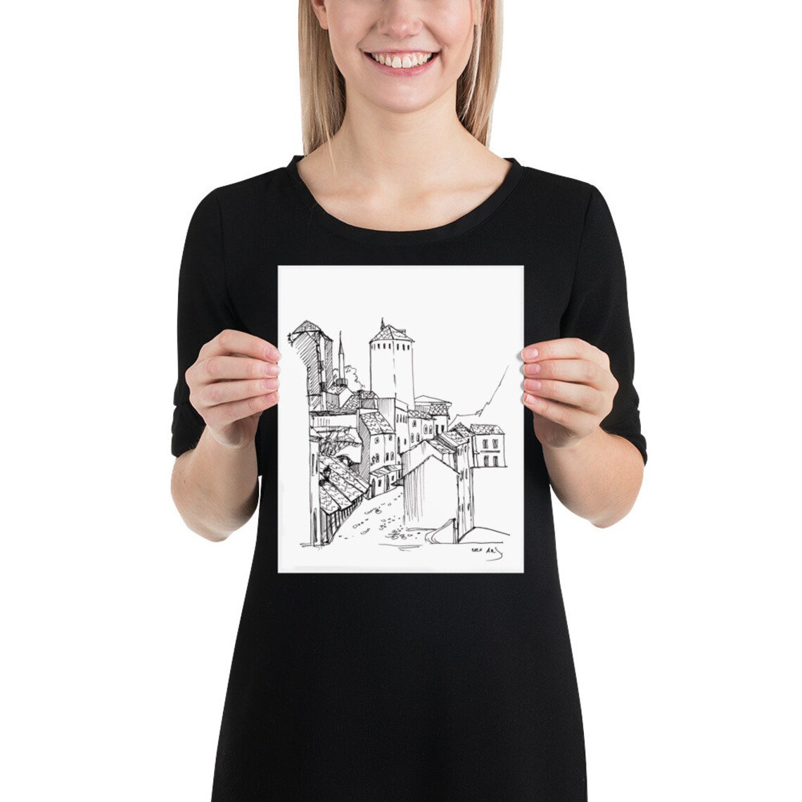 Bosnia Wall Art, Mostar Print of Original Drawing, Street Sketch, Old ...