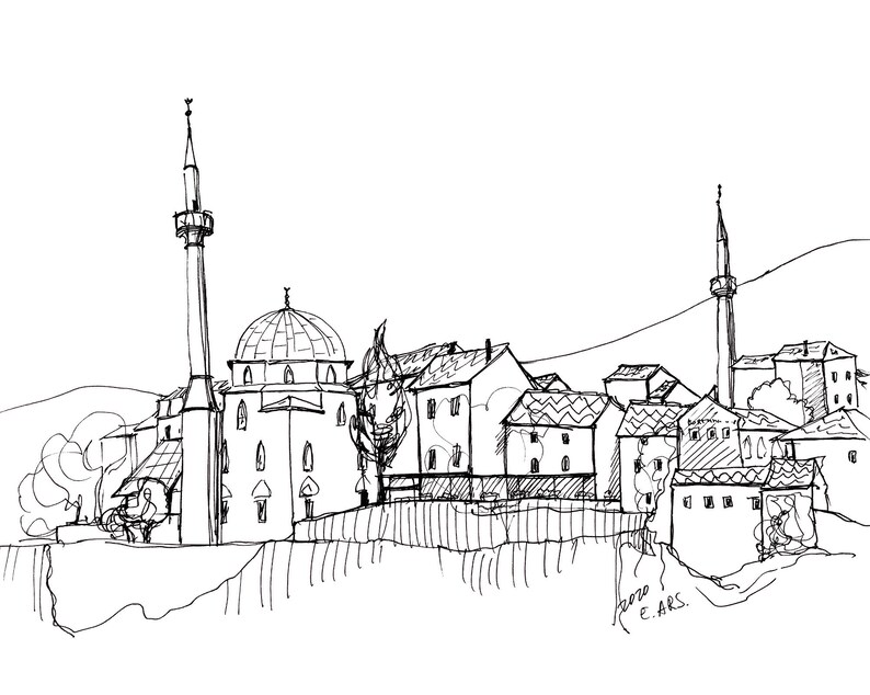 Islamic Wall Art, Mosque Art Print of Hand Drawn Sketch, Bosnia Poster ...