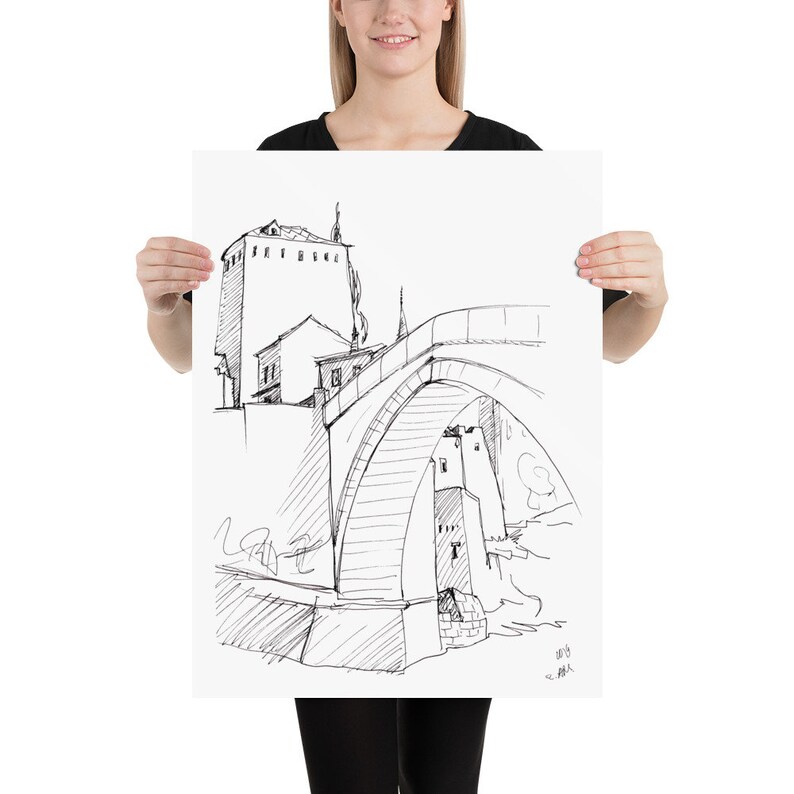 Old Bridge Mostar Poster of Original Drawing, Bosnian Wall Art, Pen and ...