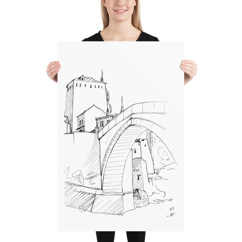 Old Bridge Mostar Poster of Original Drawing, Bosnian Wall Art, Pen and ...