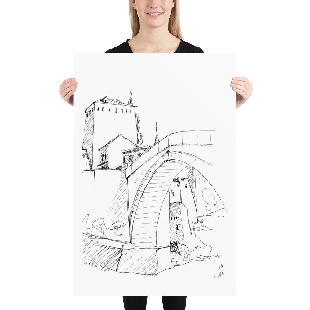 Old Bridge Mostar Poster of Original Drawing, Bosnian Wall Art, Pen and ...