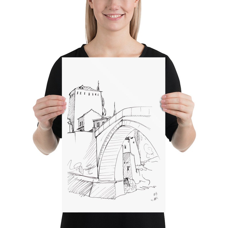 Old Bridge Mostar Poster of Original Drawing, Bosnian Wall Art, Pen and ...