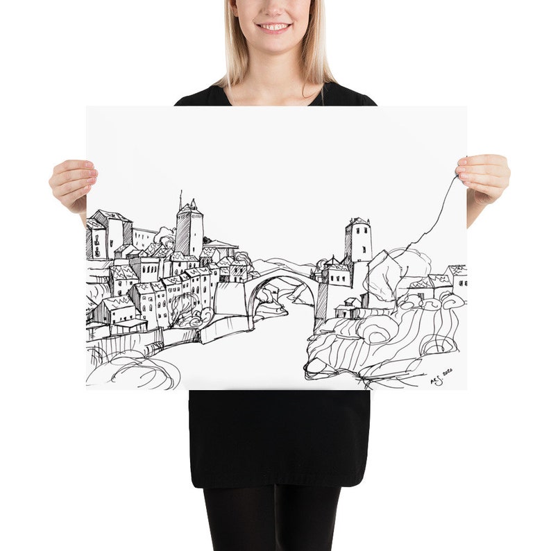 Mostar Old Bridge Print of Original Drawing, Bosnia Wall Art, Balkan ...