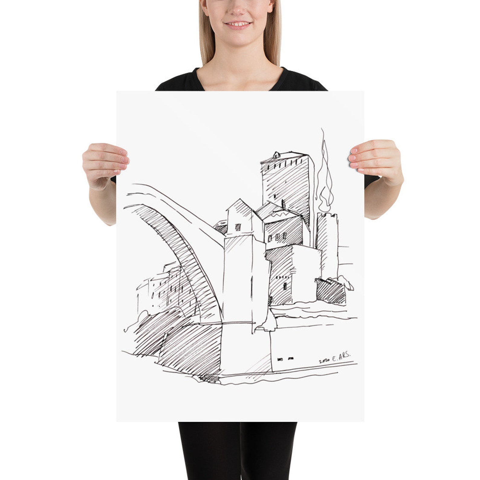 Mostar Wall Art Bosnia Poster of Original Drawing Pen and - Etsy