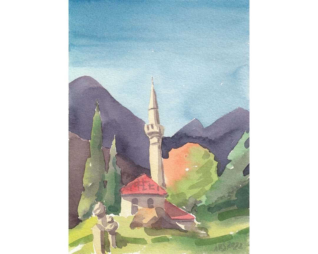 Scenic Mountain Landscape With Mosque, Drežnica Bosna Balkan, Bosnian ...