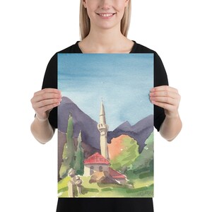 Scenic Mountain Landscape With Mosque, Drežnica Bosna Balkan, Bosnian ...