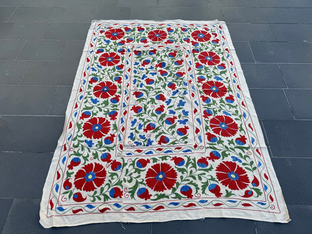 Embroidered Suzani Cover Bohemian Decor Red Green Blue 6.7x4.5 ...