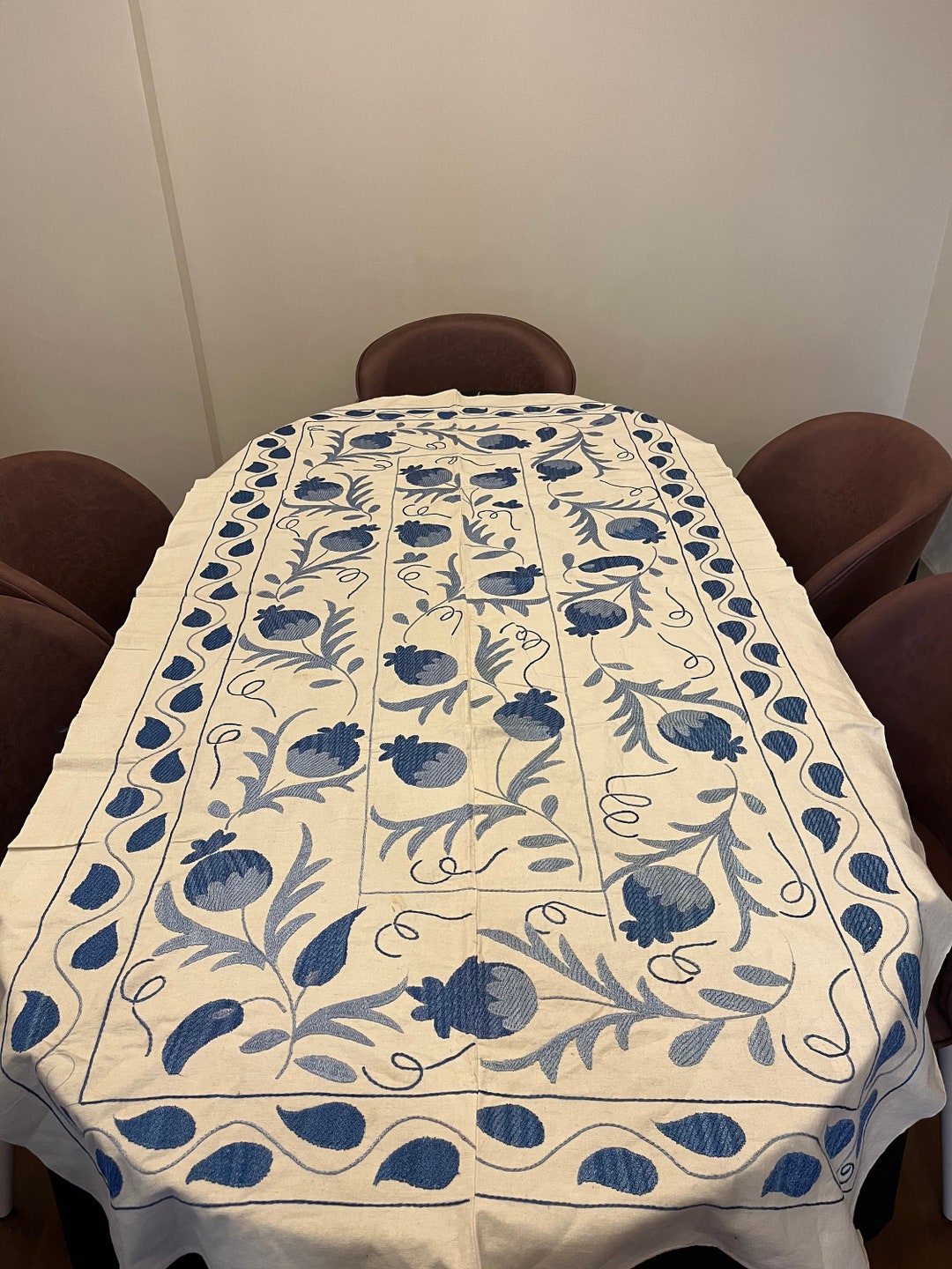 Embroidered Suzani Cover Bohemian Decor Blue White 5.2"x2.9" (160x90cm ...