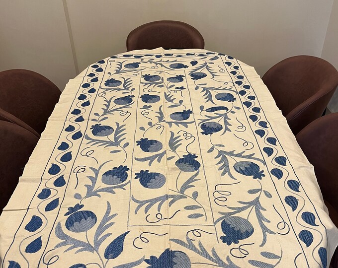 Embroidered Suzani Cover Bohemian Decor Blue White 5.2"x2.9" (160x90cm ...