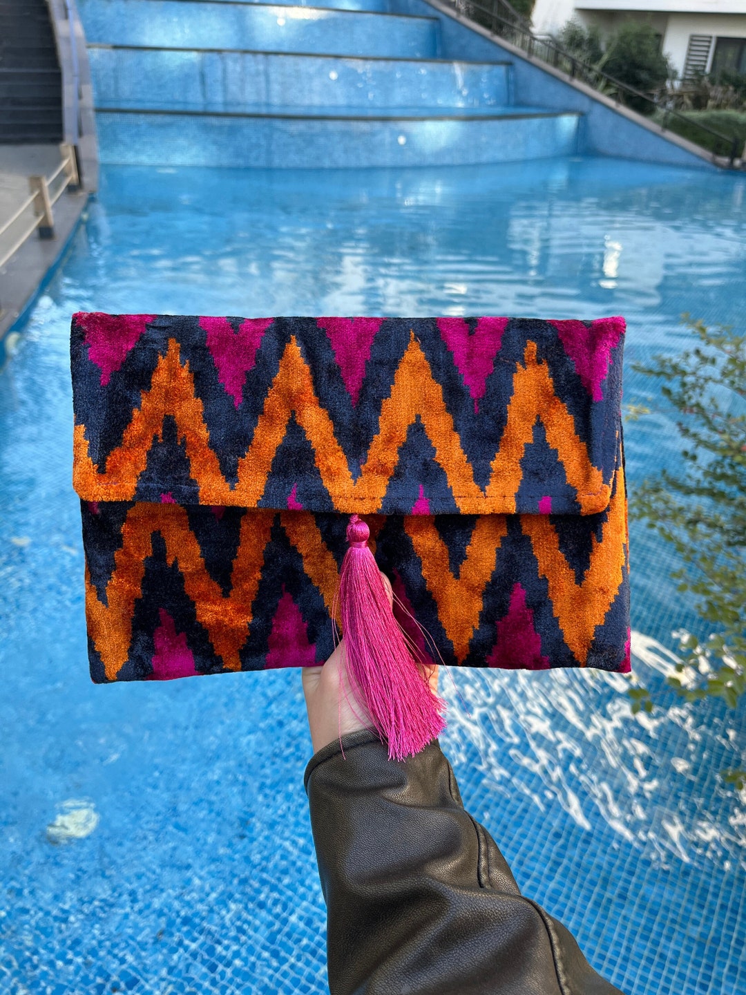 Handwoven Silk Ikat Clutch Bag, Pink Orange Navy Blue Evening Bag - Etsy