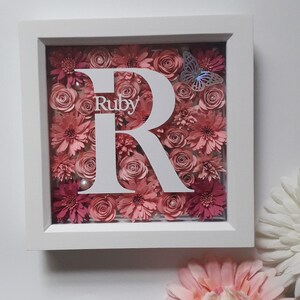 Personalised Name and Initial, Shadow Box Frame, Hand Rolled Paper Flowers, 3d Shadow Box Frame ...
