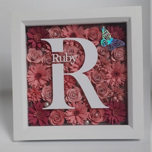 Personalised Name and Initial, Shadow Box Frame, Hand Rolled Paper Flowers, 3d Shadow Box Frame ...