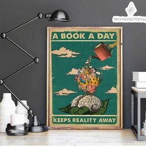 A Book A Day Keeps Reality Away Poster, Vintage Water Brain Wall Decor ...