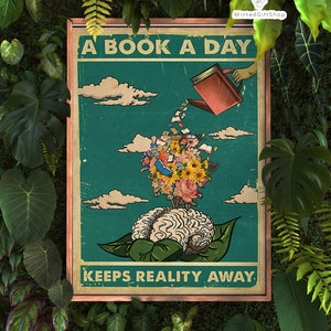 A Book A Day Keeps Reality Away Poster, Vintage Water Brain Wall Decor ...