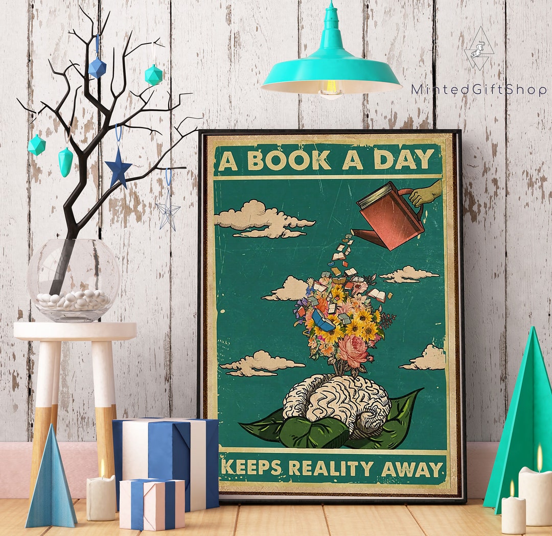 A Book A Day Keeps Reality Away Poster, Vintage Water Brain Wall Decor ...