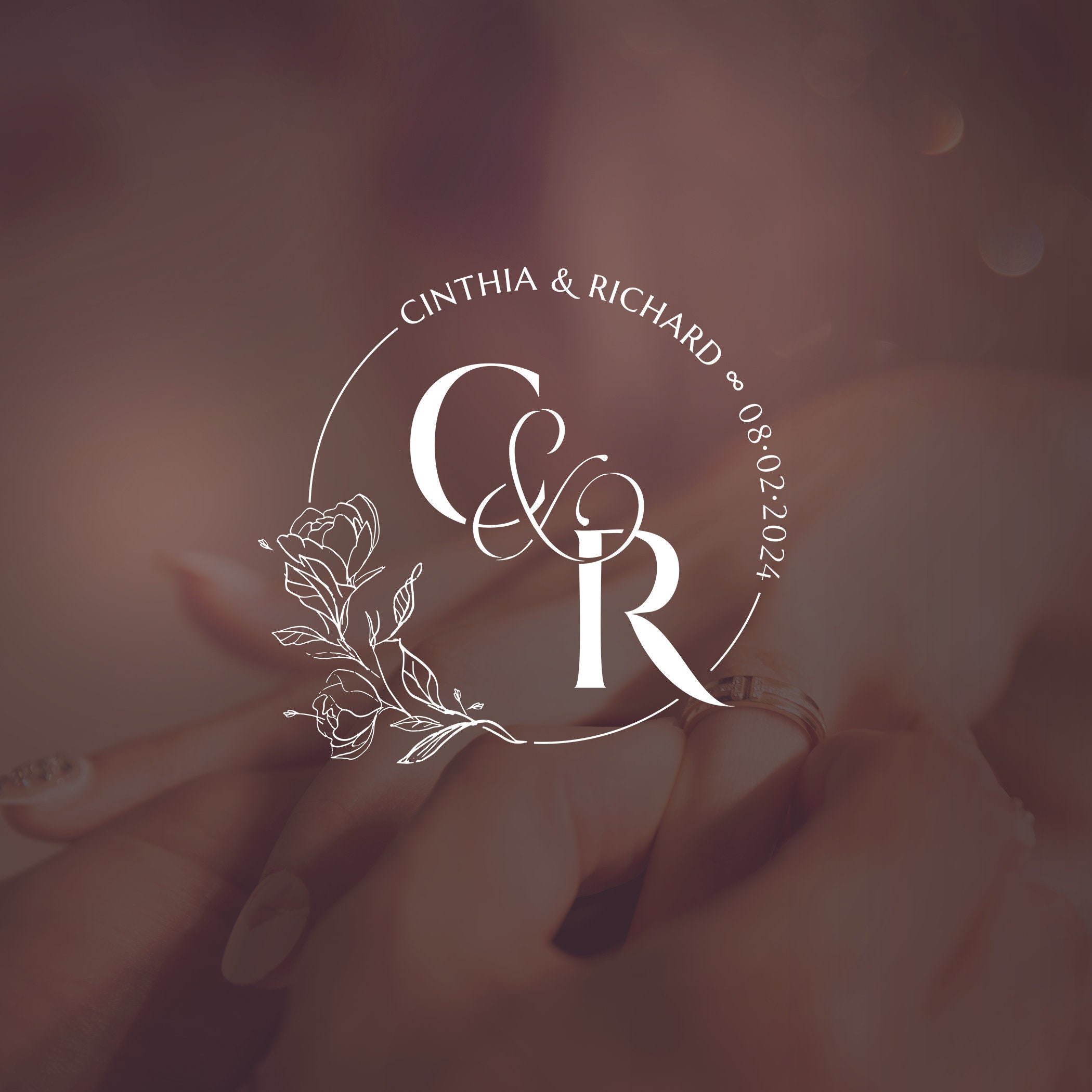 Wedding Monogram With Names in Circle With Flowers, Two Letters Logo ...