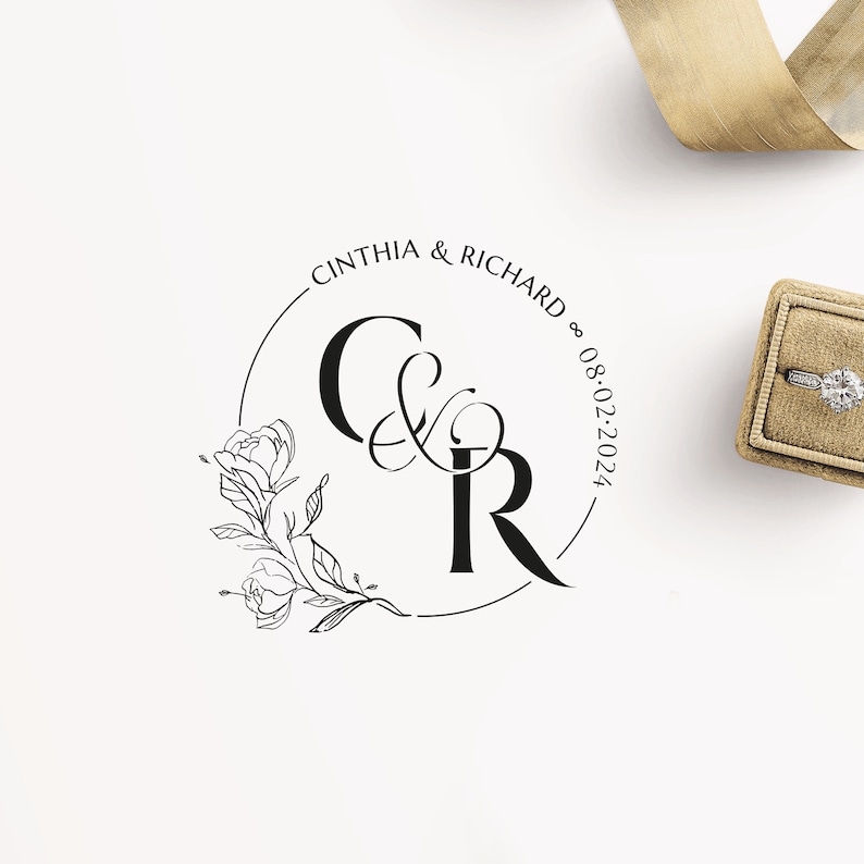 Wedding Monogram With Names in Circle With Flowers, Two Letters Logo ...