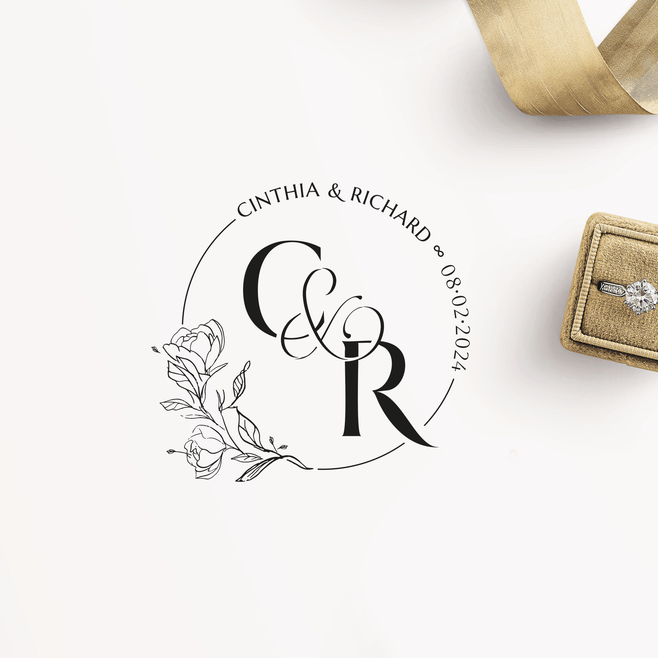 Wedding Monogram With Names in Circle With Flowers, Two Letters Logo ...