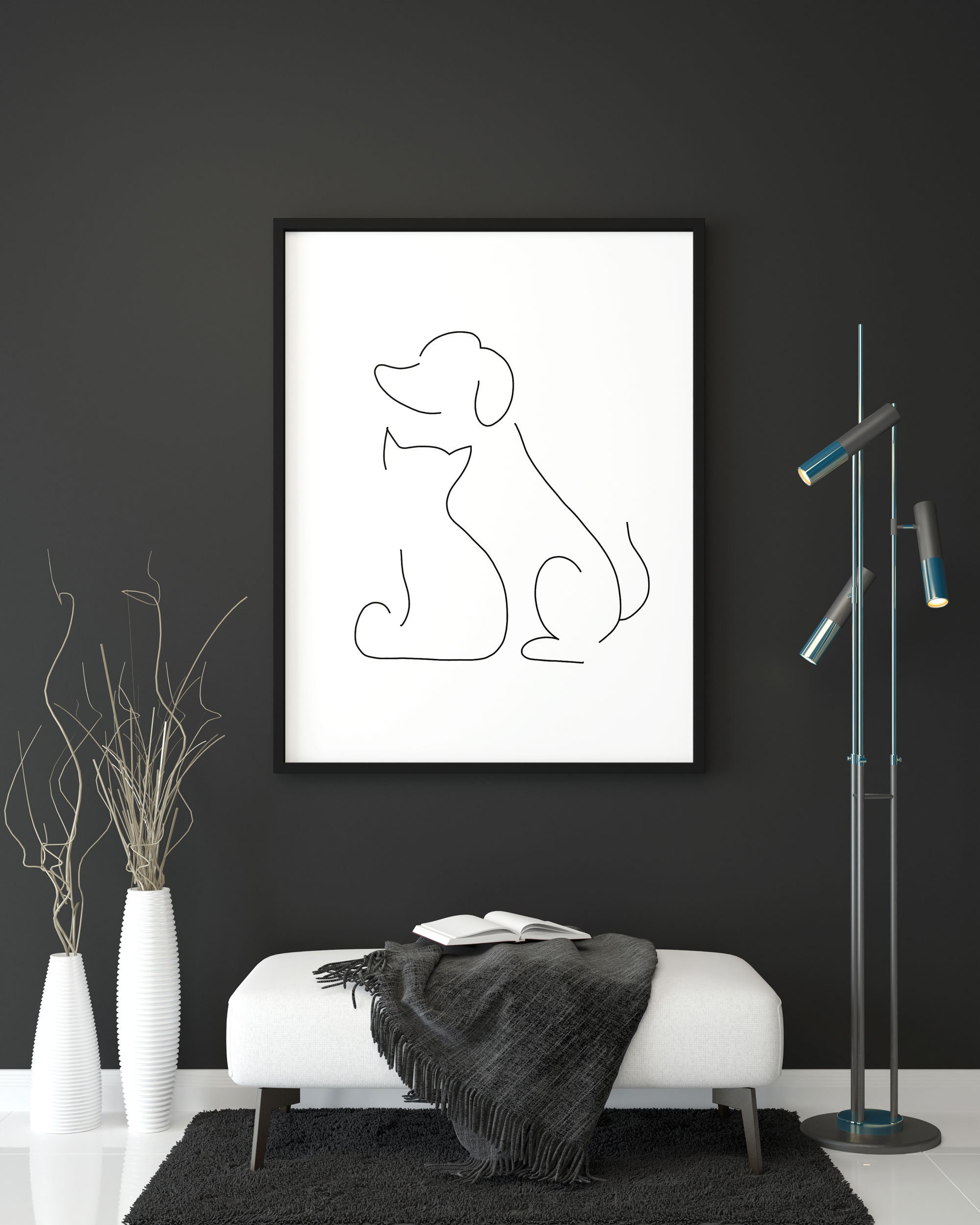 Cat Dog Line Art, Modern Art, Minimal Line Art, Printable Cat Dog, Wall ...