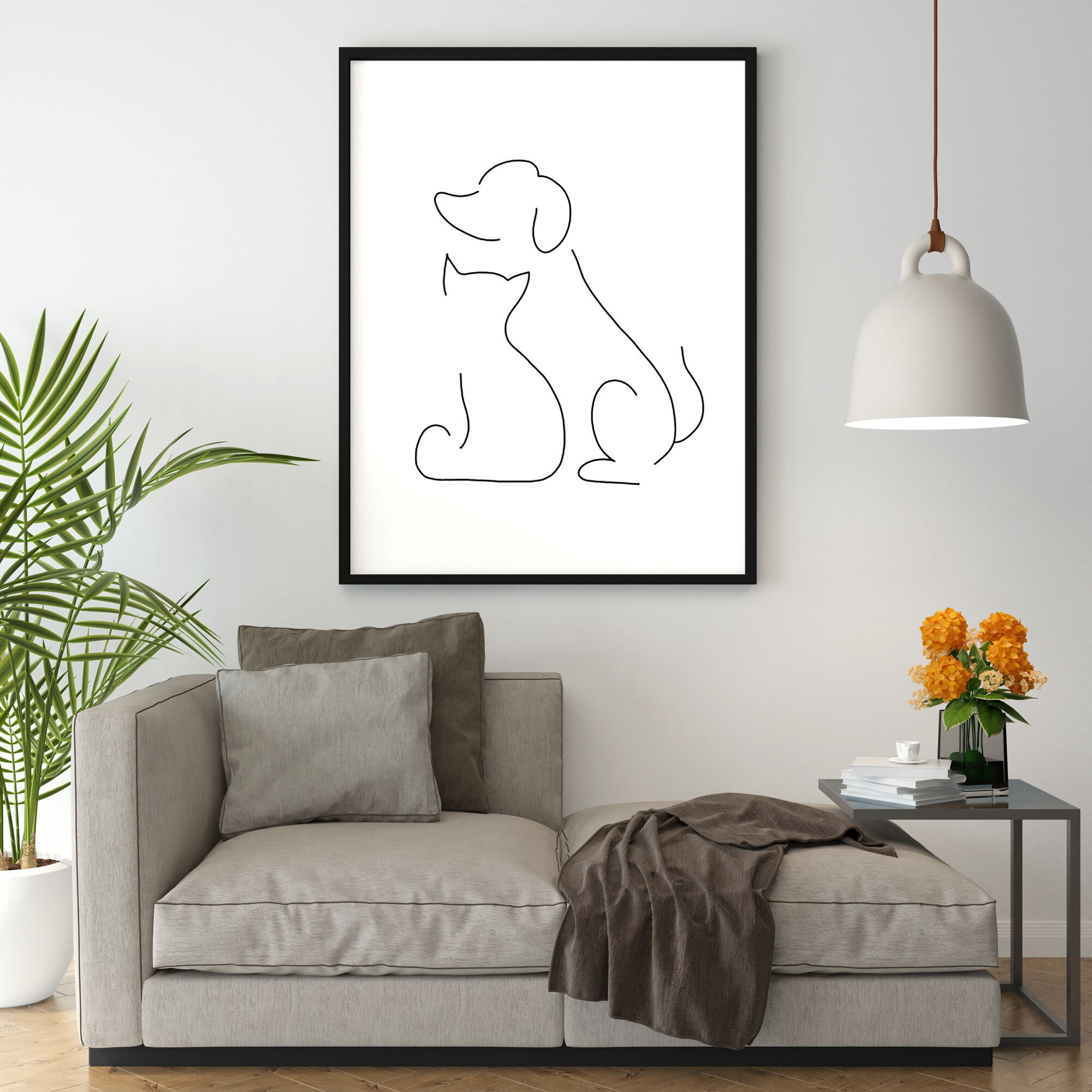 Cat Dog Line Art, Modern Art, Minimal Line Art, Printable Cat Dog, Wall ...