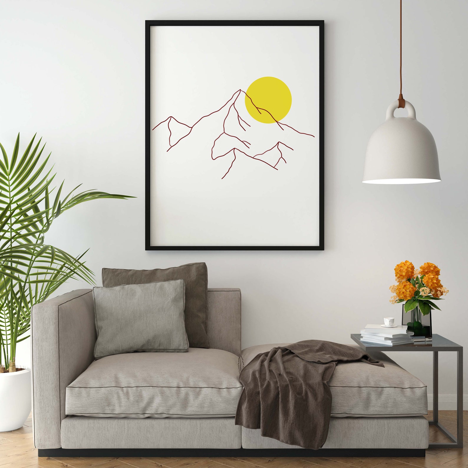 Mountain and Sun Line Art | Minimal Design Nature, Minimalist Mountain ...