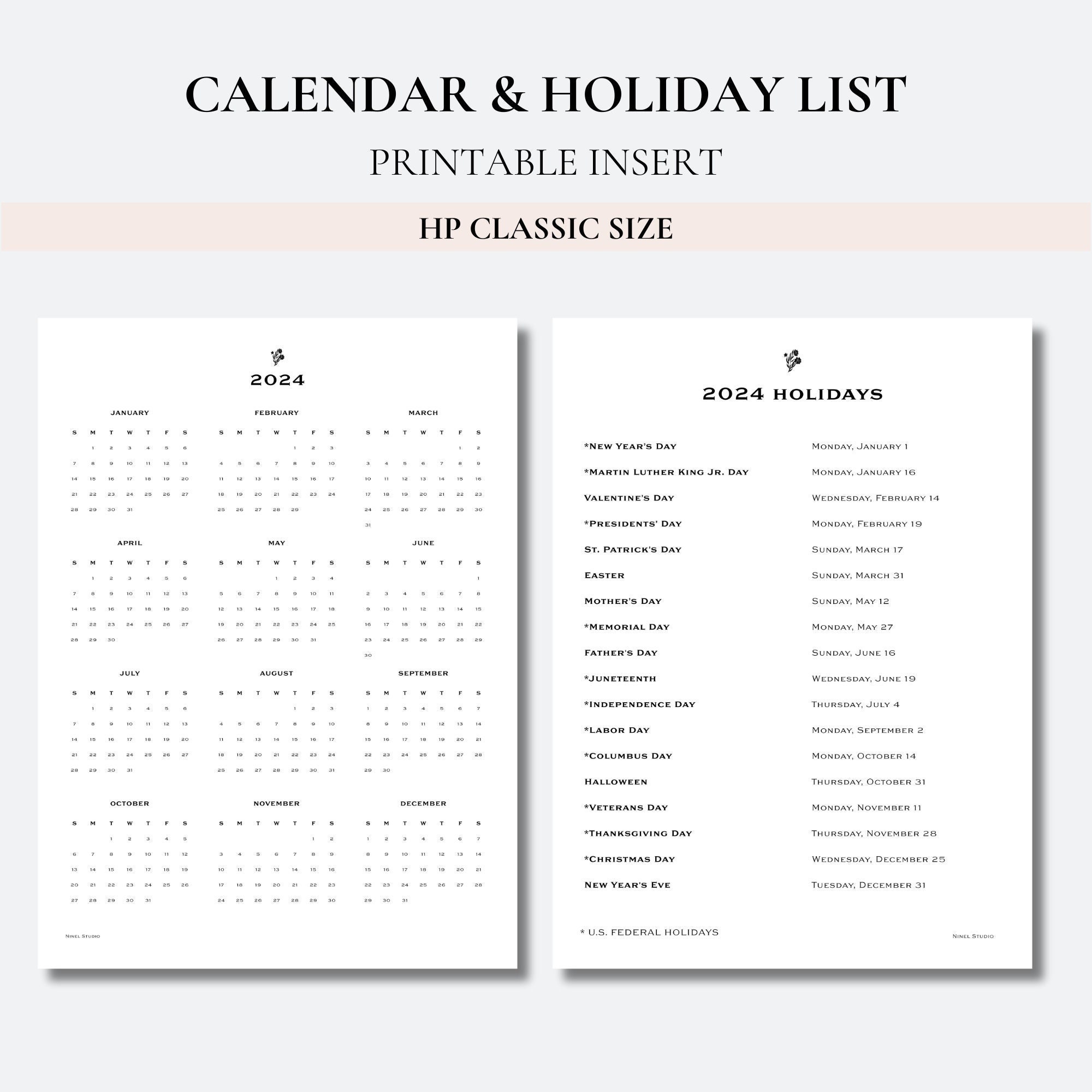 2024 Calendar and Holiday List HP Classic Size - Etsy