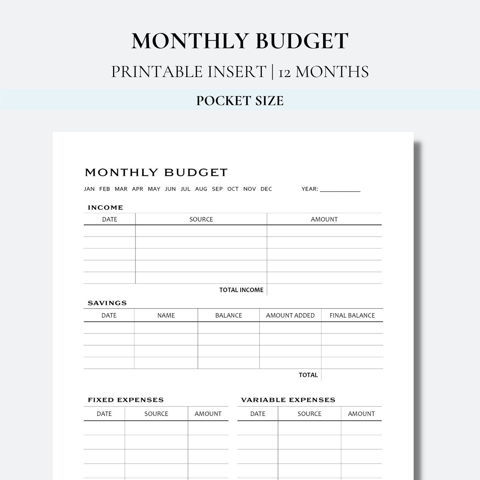 Monthly Budget - Pocket Planner Printable - Etsy