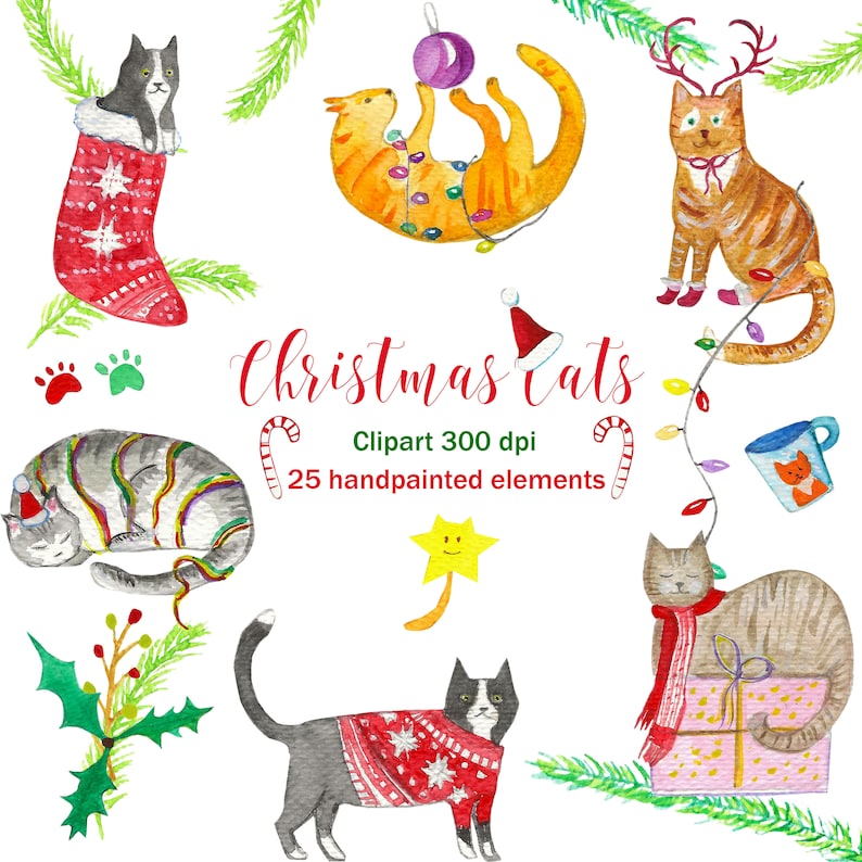 Watercolor Cats Clipart, Christmas Cats, Cat Card, Christmas Cats Card ...